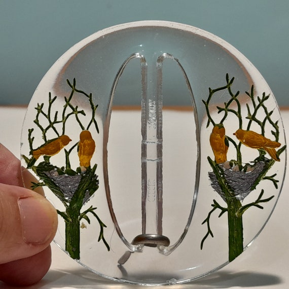 Vintage glass buckle with yellow bird and nest etched… - Gem