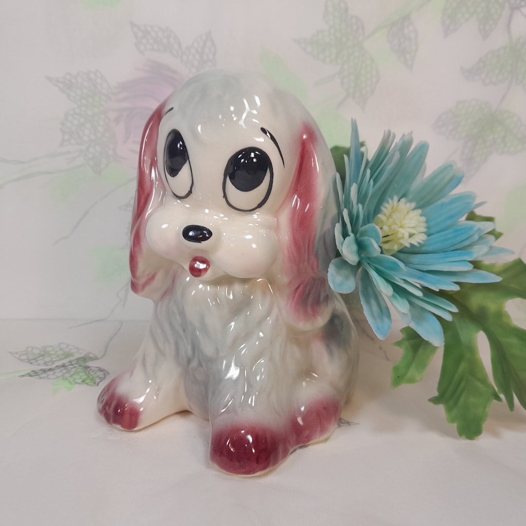 Sweet Big Eyed Puppy Planter, Grey, White and Maroon - Etsy