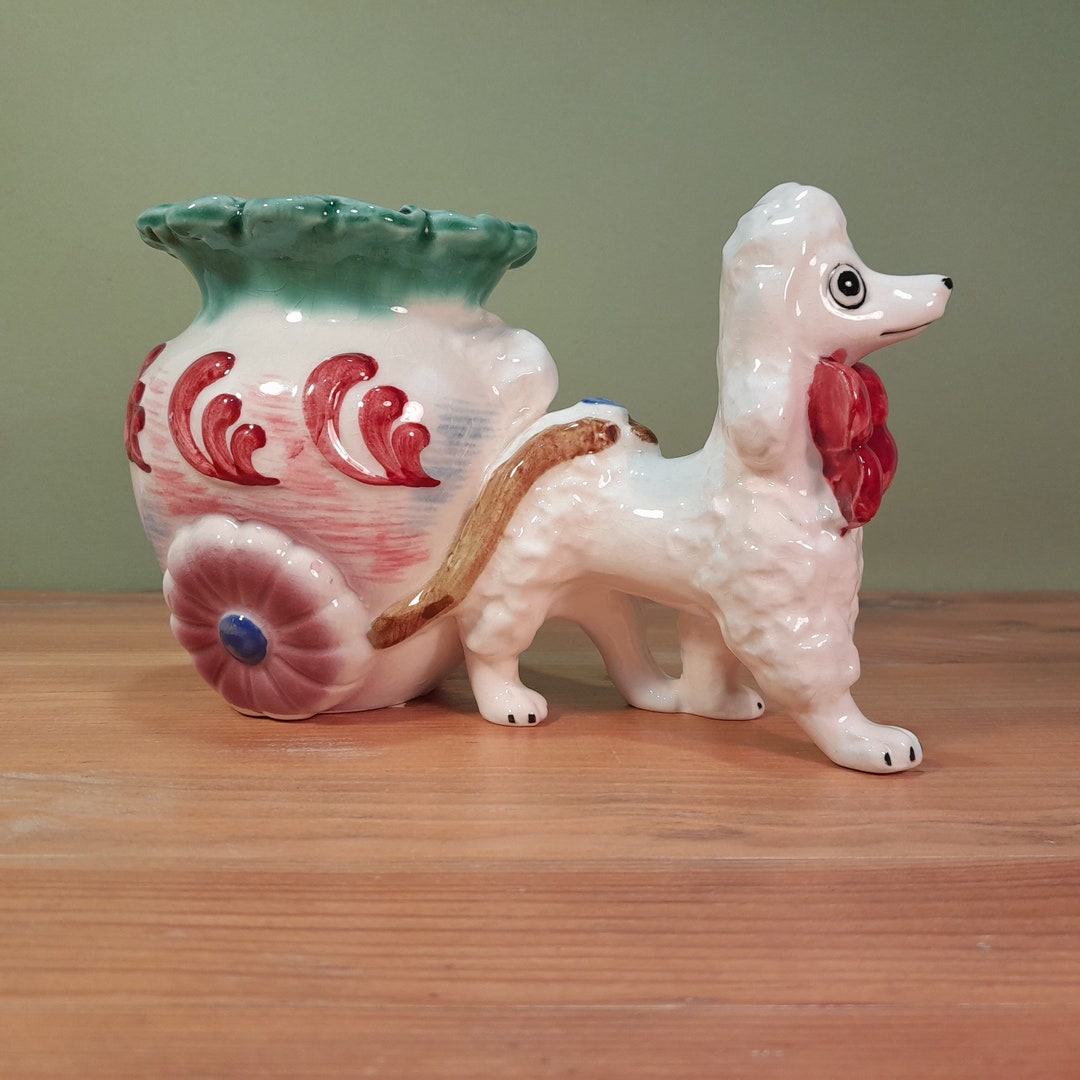 Vintage Ceramic Poodle Pulling Cart Planter / Vase Wearing - Etsy