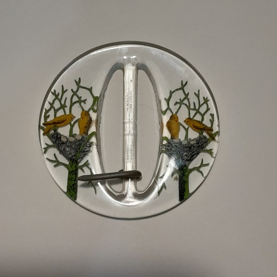 Vintage glass buckle with yellow bird and nest etched… - Gem