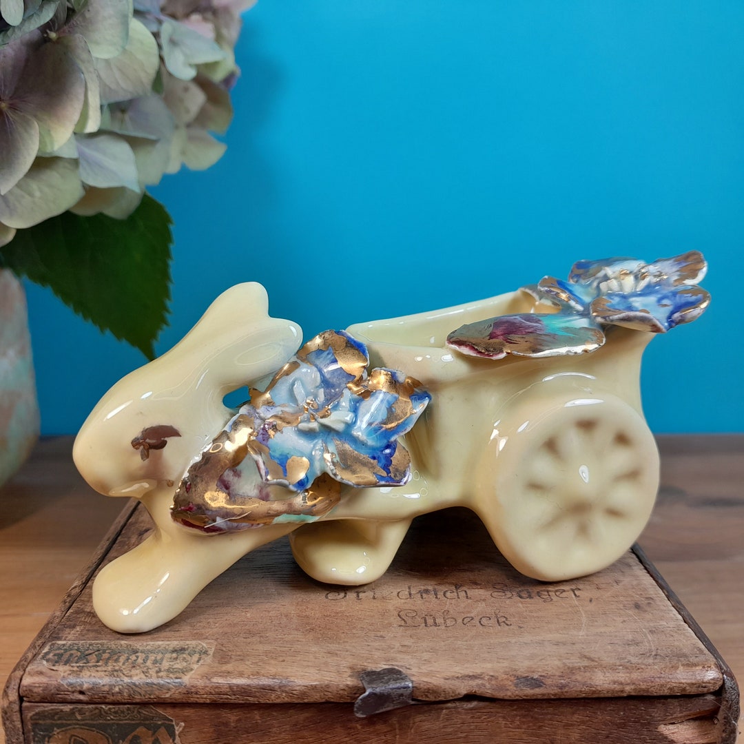 Super Cute Yellow Bunny Pulling Cart, Applied Gold Trimmed Flowers ...