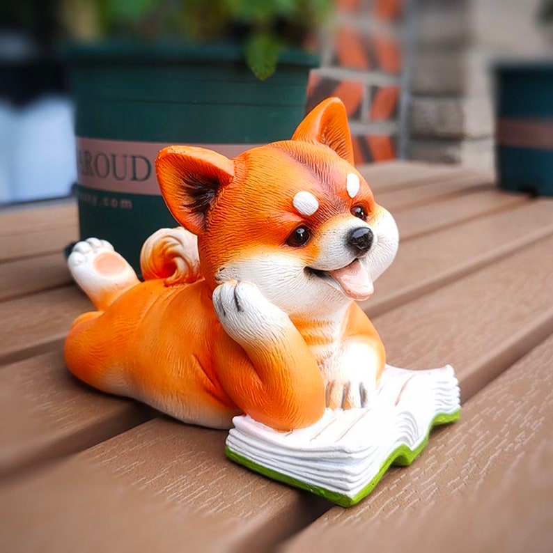Reading Dog Statue Resin Dog With Book Dog Figurine Doggie - Etsy