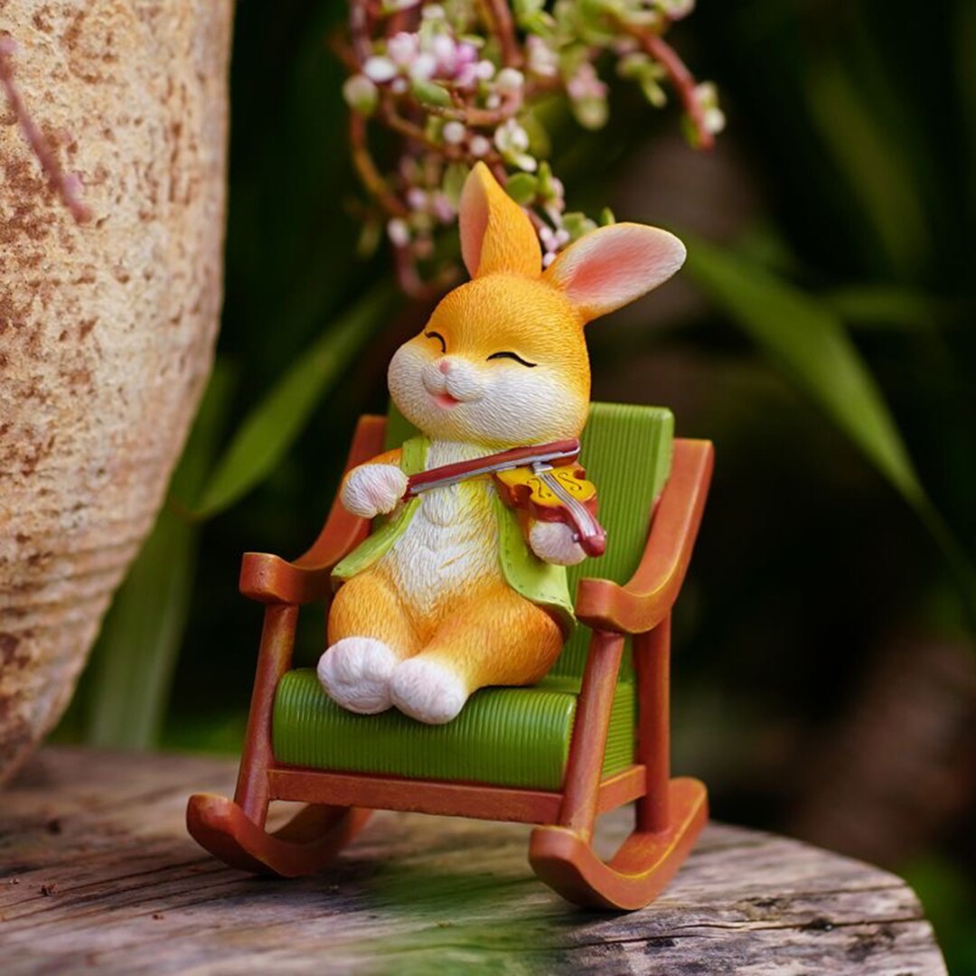 Rabbit Playing Violin Statue Garden Decor Resin Craft Rabbit Figurine ...