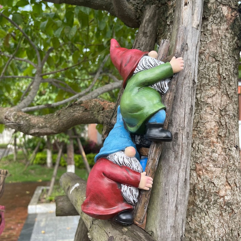 Gnomes Elf Climbing Ladder Tree Face Resin Tree Hugger Fairy Dwarf Tree ...