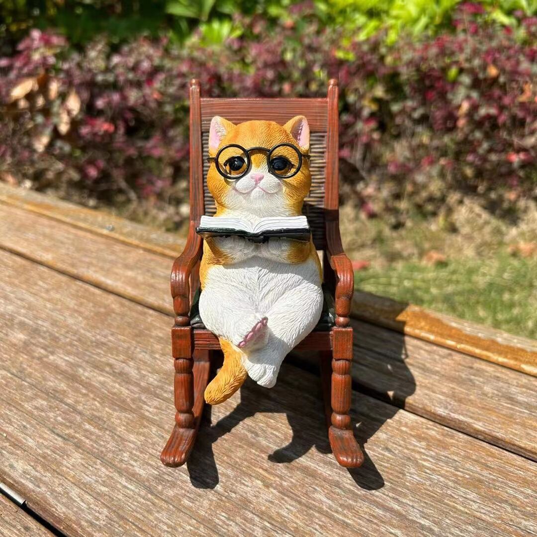 Reading Cat Statue Resin Cat on the Chair Cat Figurine With Glasses ...