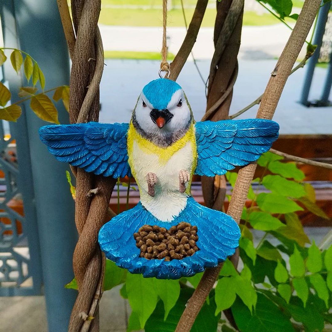 Bird Feeder Resin Bird Figurine Blue Bird Statue Tree Face Fairy House ...