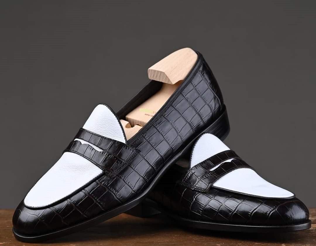 Bespoke Men's Handmade Two-tone White and Black Penny Loafers | Elegant ...