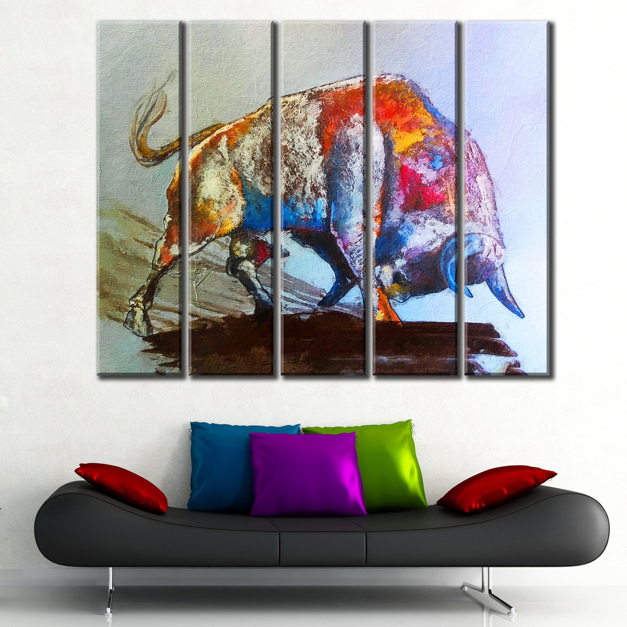 Colorful Bull Wall Art Canvas, Bull Statue Canvas Decor Print, Roll ...