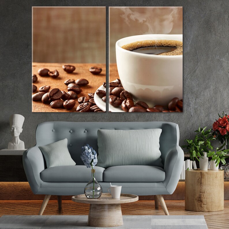 Hot and Smoky Coffee Wall Art Canvas, Coffee Beans on Plate Decor Print ...