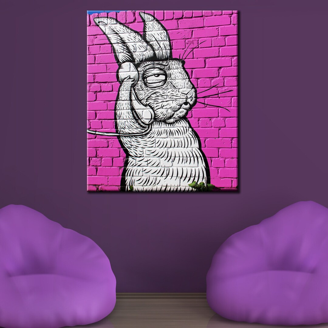 Rabbit Graffiti Wall Art Canvas, White Bunny Print, Phone and Rabbit ...