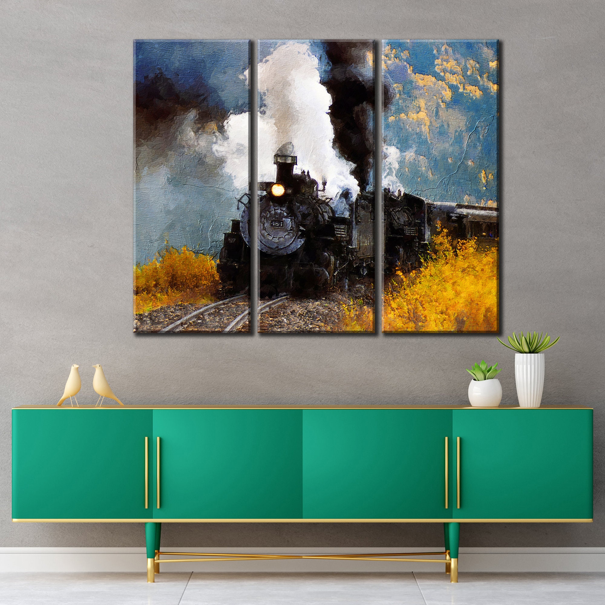 Locomotive Wall Art Canvas, Vintage Train Print Decor, Modern Home and ...