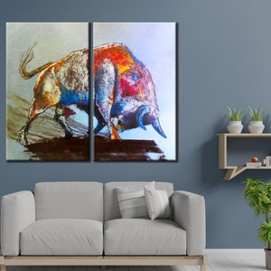 Colorful Bull Wall Art Canvas, Bull Statue Canvas Decor Print, Roll ...