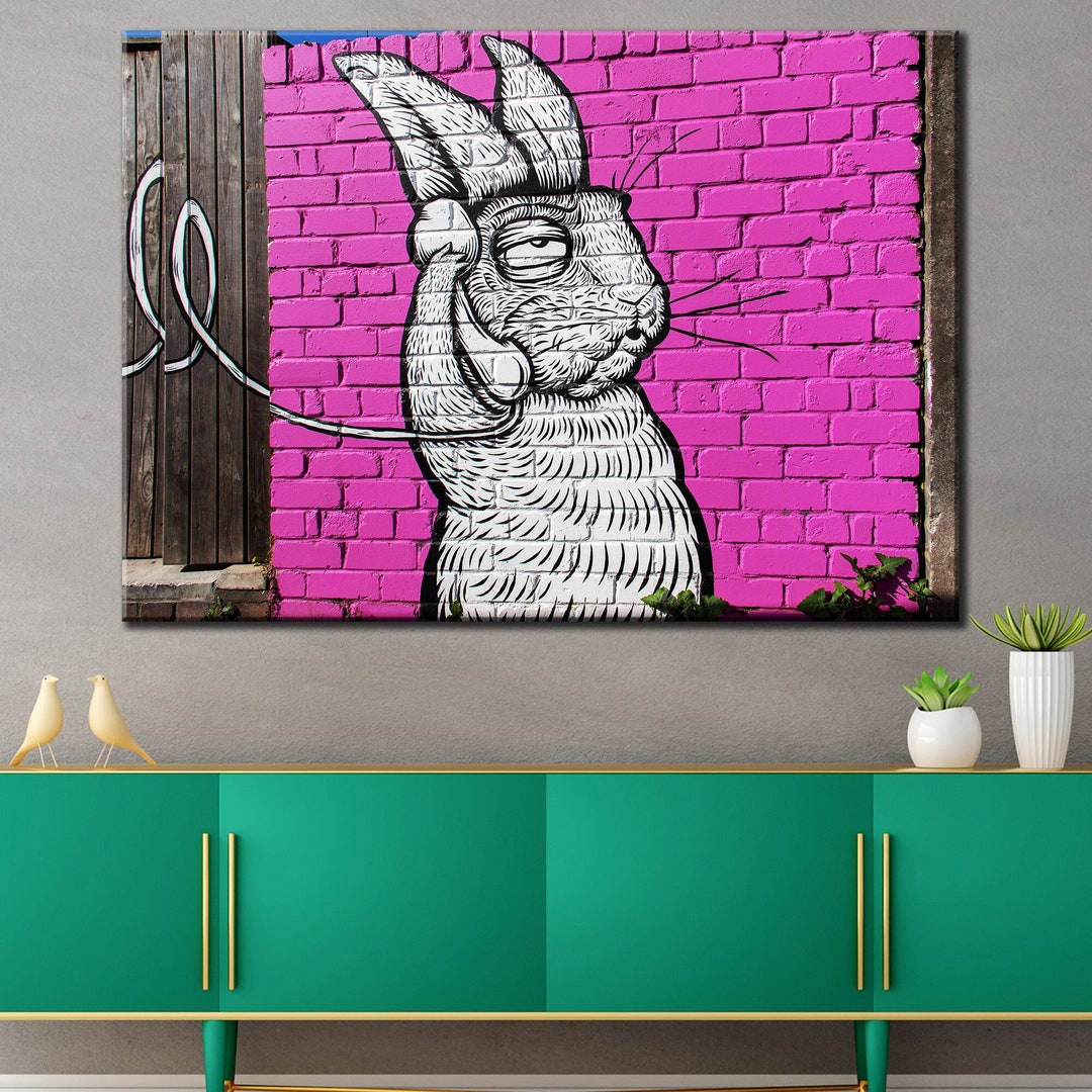 Graffiti White Rabbit Wall Art Canvas, Hare and Pink Wall Decor Canvas ...