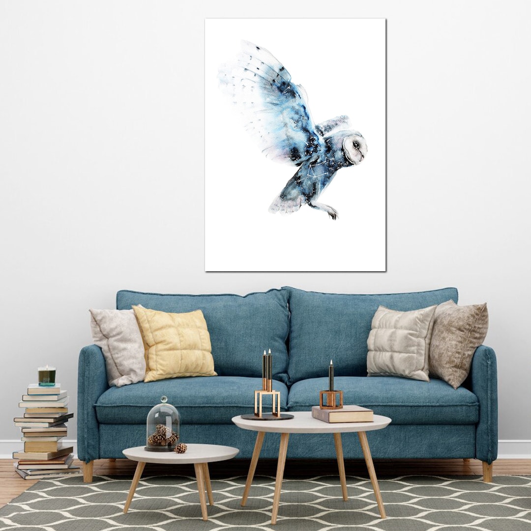 White Owl Canvas Wall Art, Watercolor Effect Blue Flying Owl Art Decor ...
