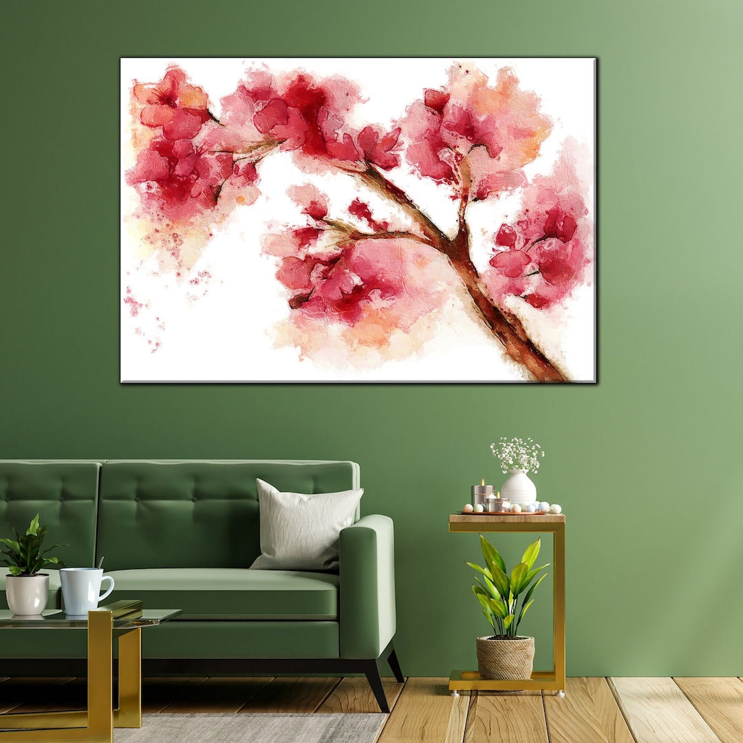 Pink Tree Branch Wall Art Canvas, Pink Flowers on Tree Branch Decor ...