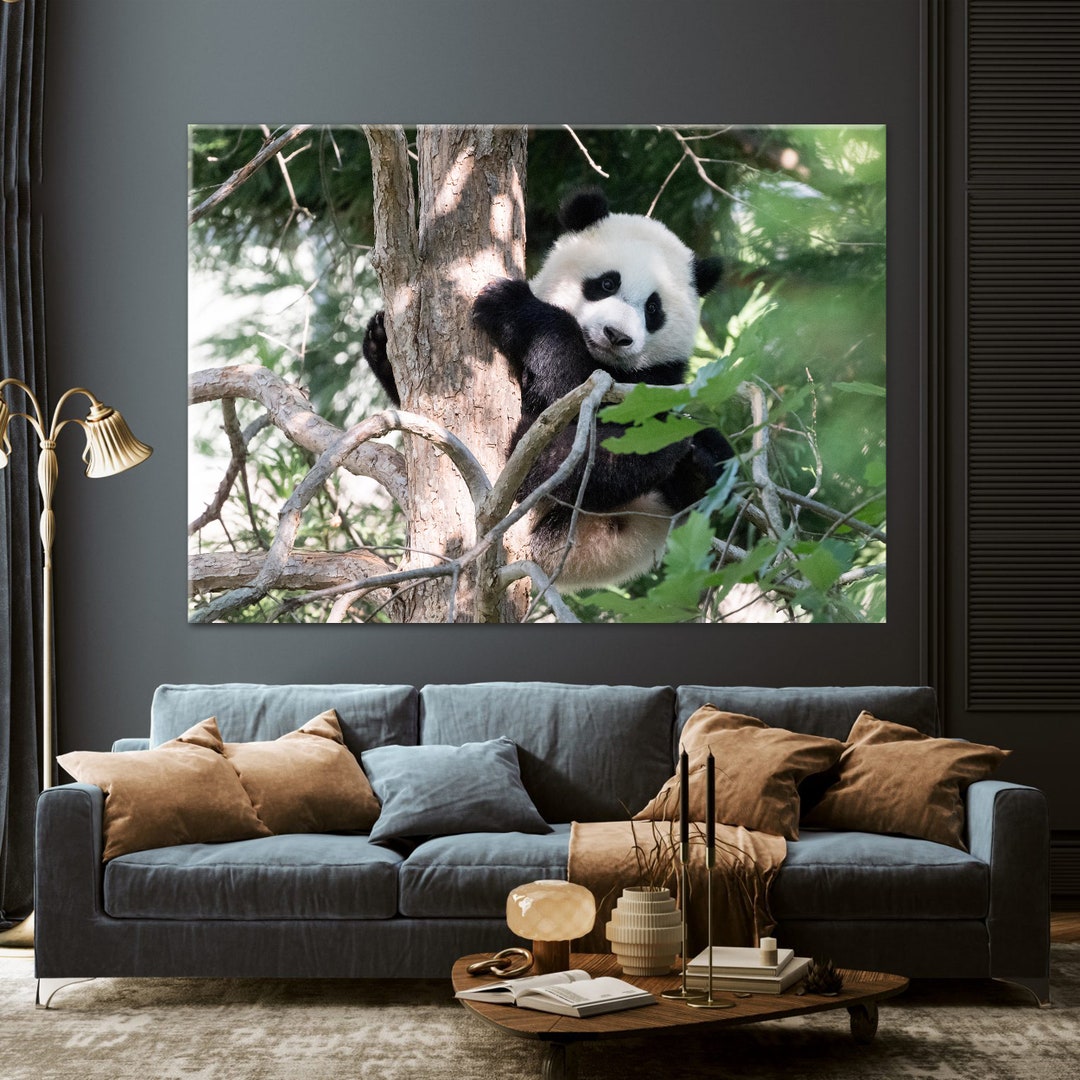Panda Climbing a Tree Wall Art Canvas, Cute Panda Decor Print, Animals ...