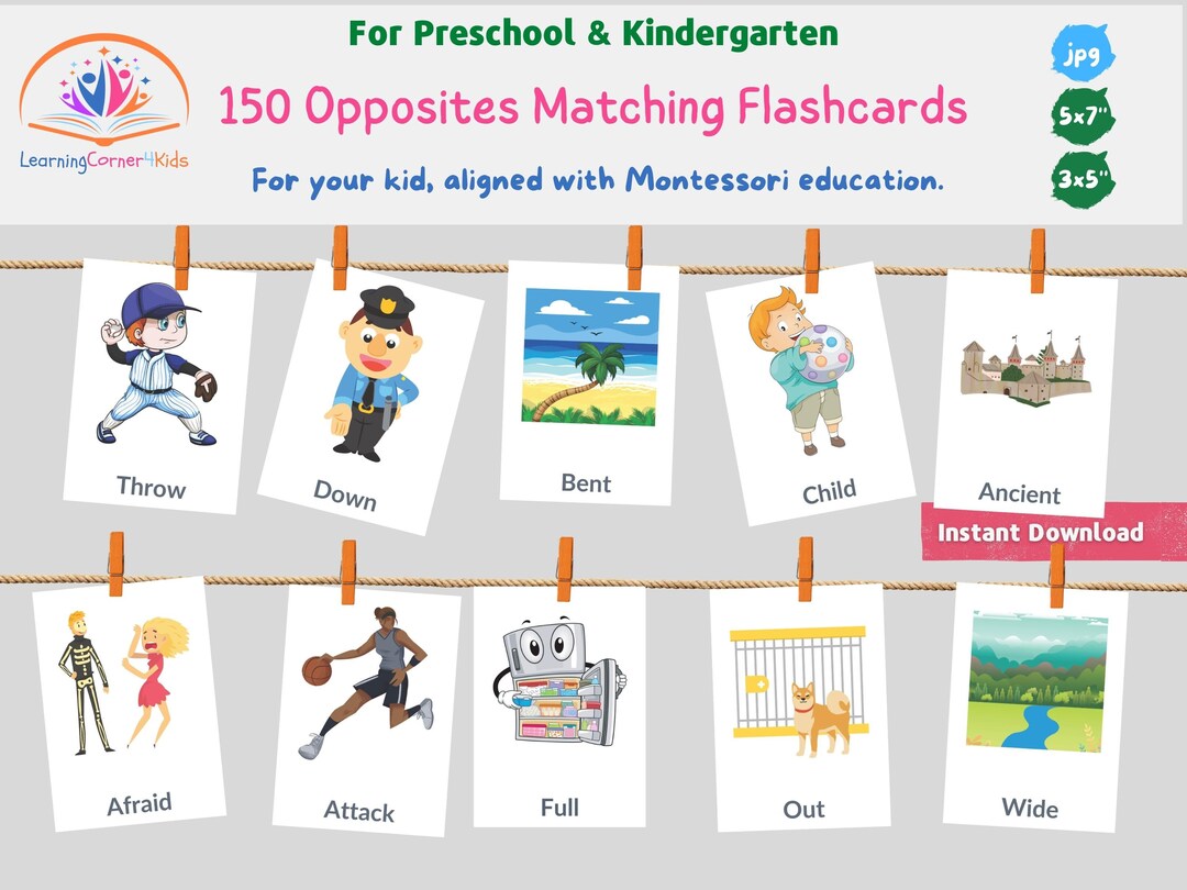 150 Educational Opposites Pairing Cards: Montessori Prek Homeschool ...