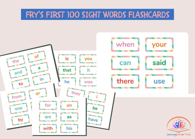 100 Sight Word Flash Cards for Preschool, Kindergarten, 1st Grade, Fry ...