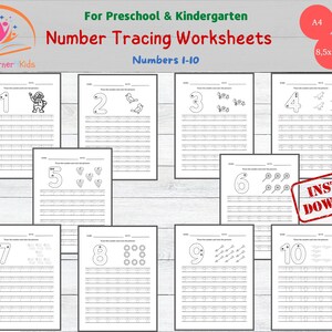 Tracing Numbers 1 -10 Worksheets for Kindergarten, Preschool Math ...
