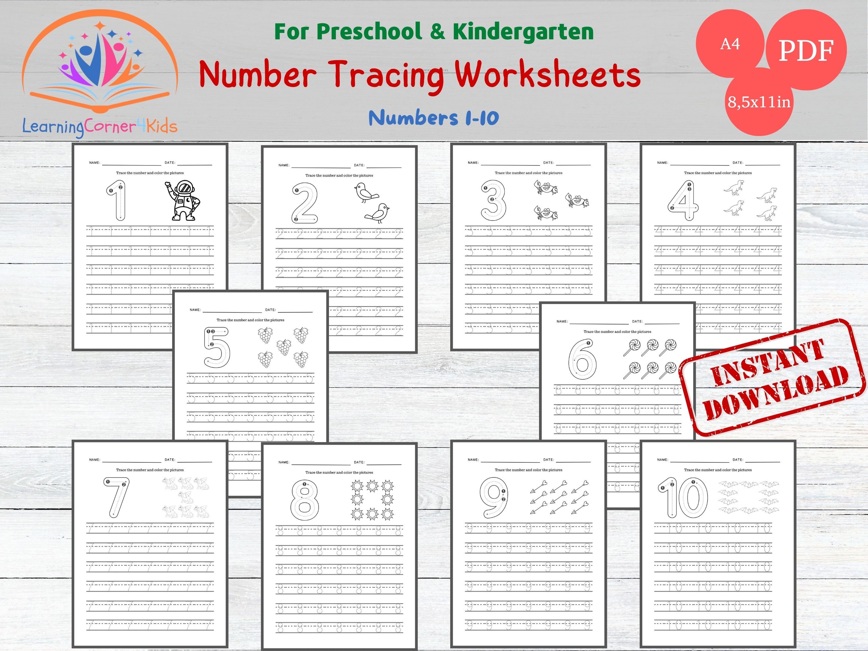 Tracing Numbers 1 10 Worksheets for Kindergarten, Preschool Math ...