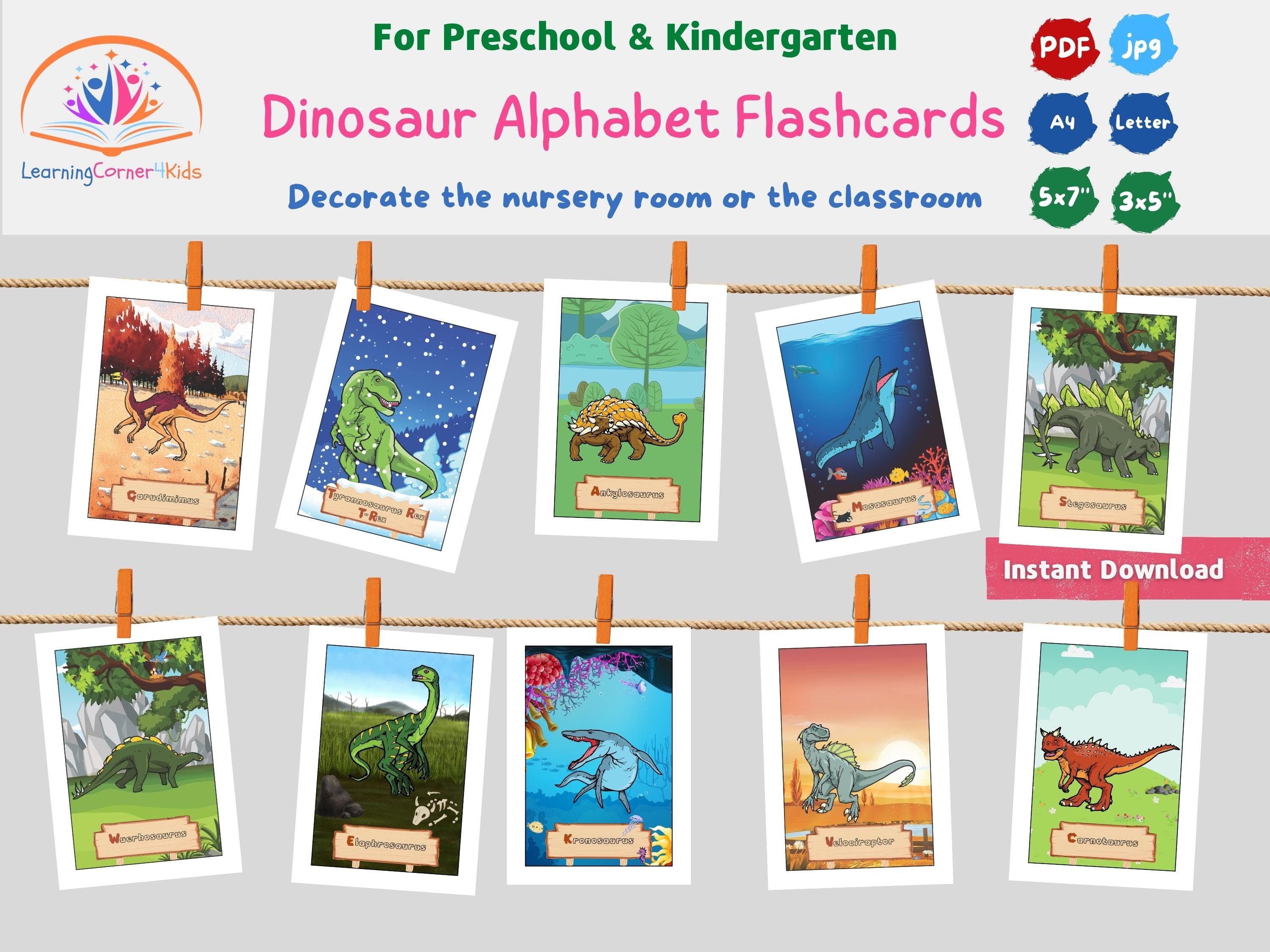 Educational Dinosaur Alphabet Flashcards Printable ABC Flash Cards for ...