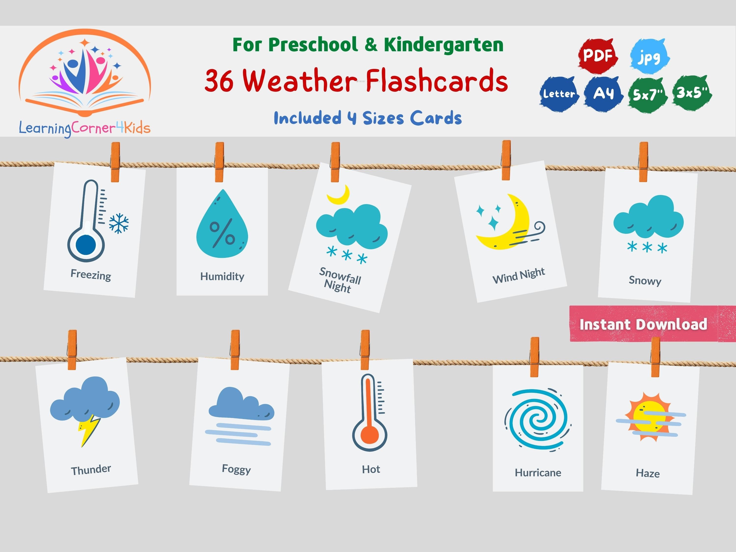 36 Weather Flash Cards, Montessori Flashcards, Pre-school Cards ...