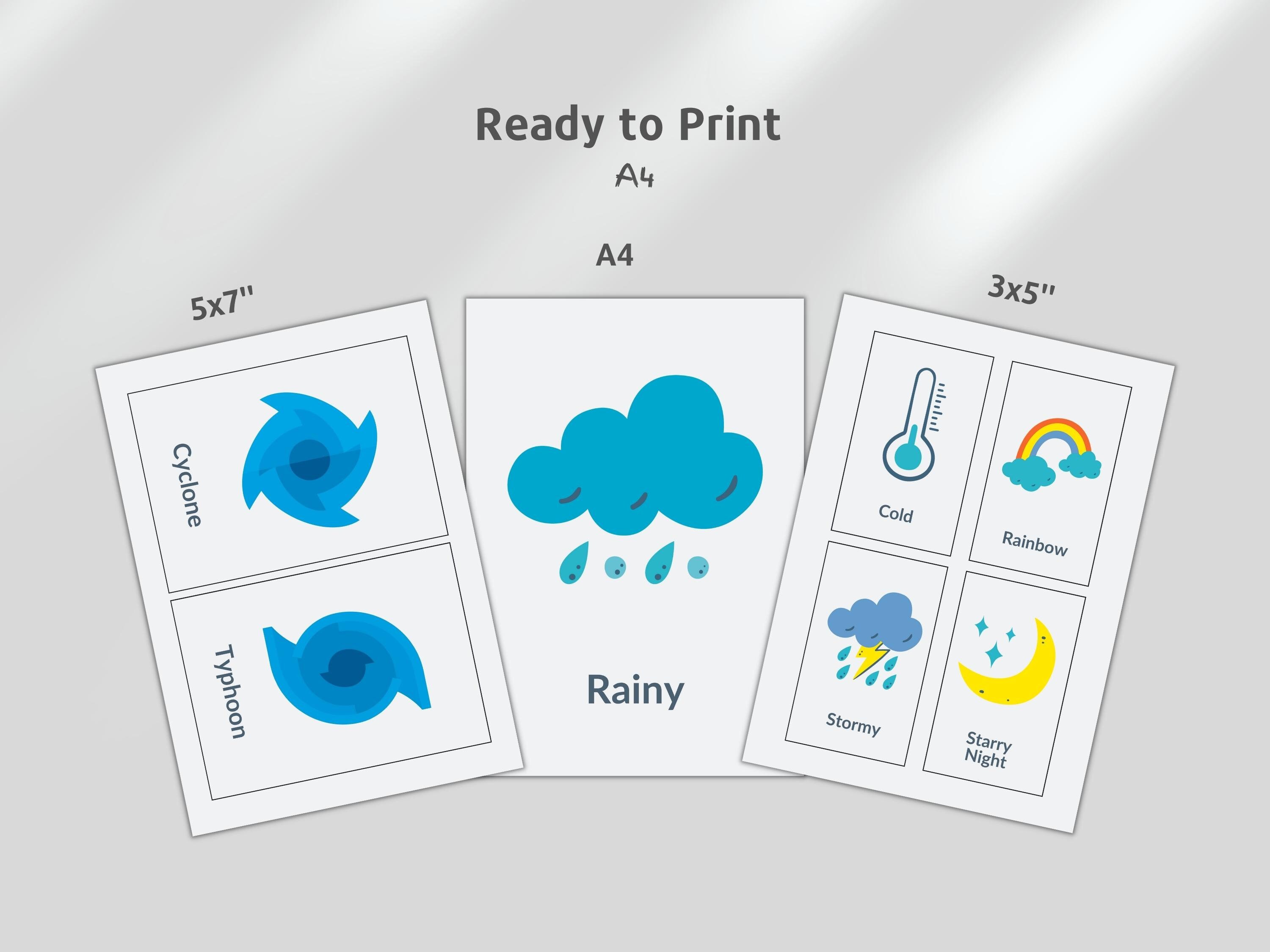 36 Weather Flash Cards, Montessori Flashcards, Pre-school Cards ...