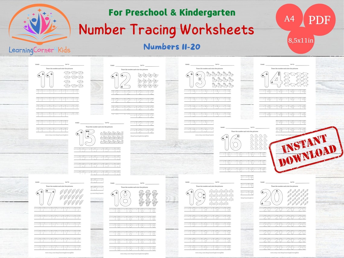 Tracing Numbers 11 20 Worksheets for Kindergarten, Preschool Math ...