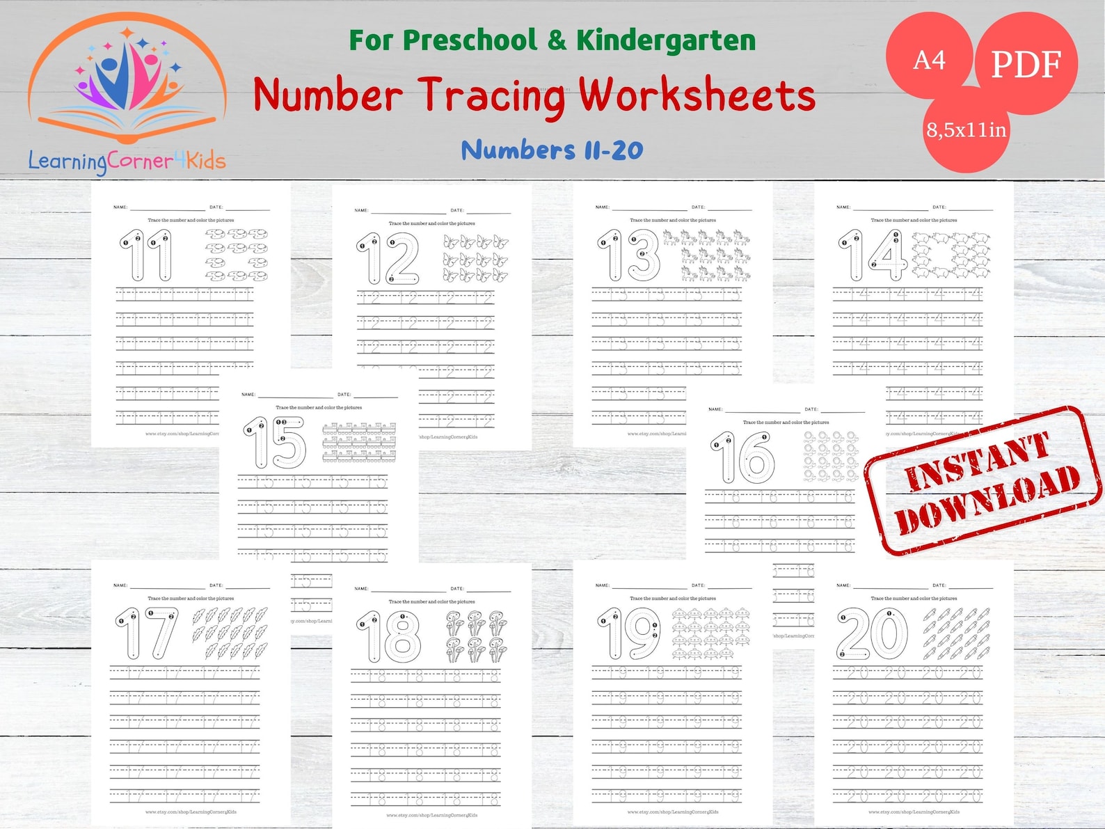Tracing Numbers 11 -20 Worksheets for Kindergarten, Preschool Math ...