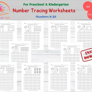 Tracing Numbers 11 -20 Worksheets for Kindergarten, Preschool Math ...
