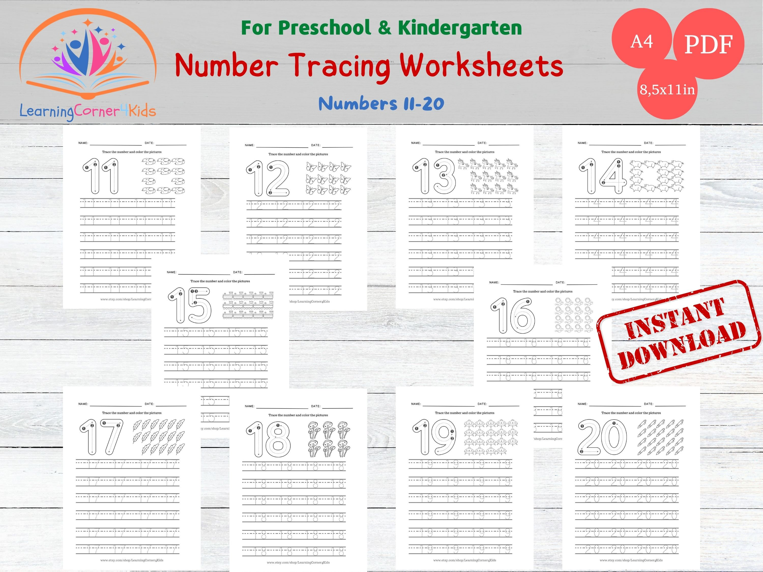 Tracing Numbers 11 20 Worksheets for Kindergarten, Preschool Math ...