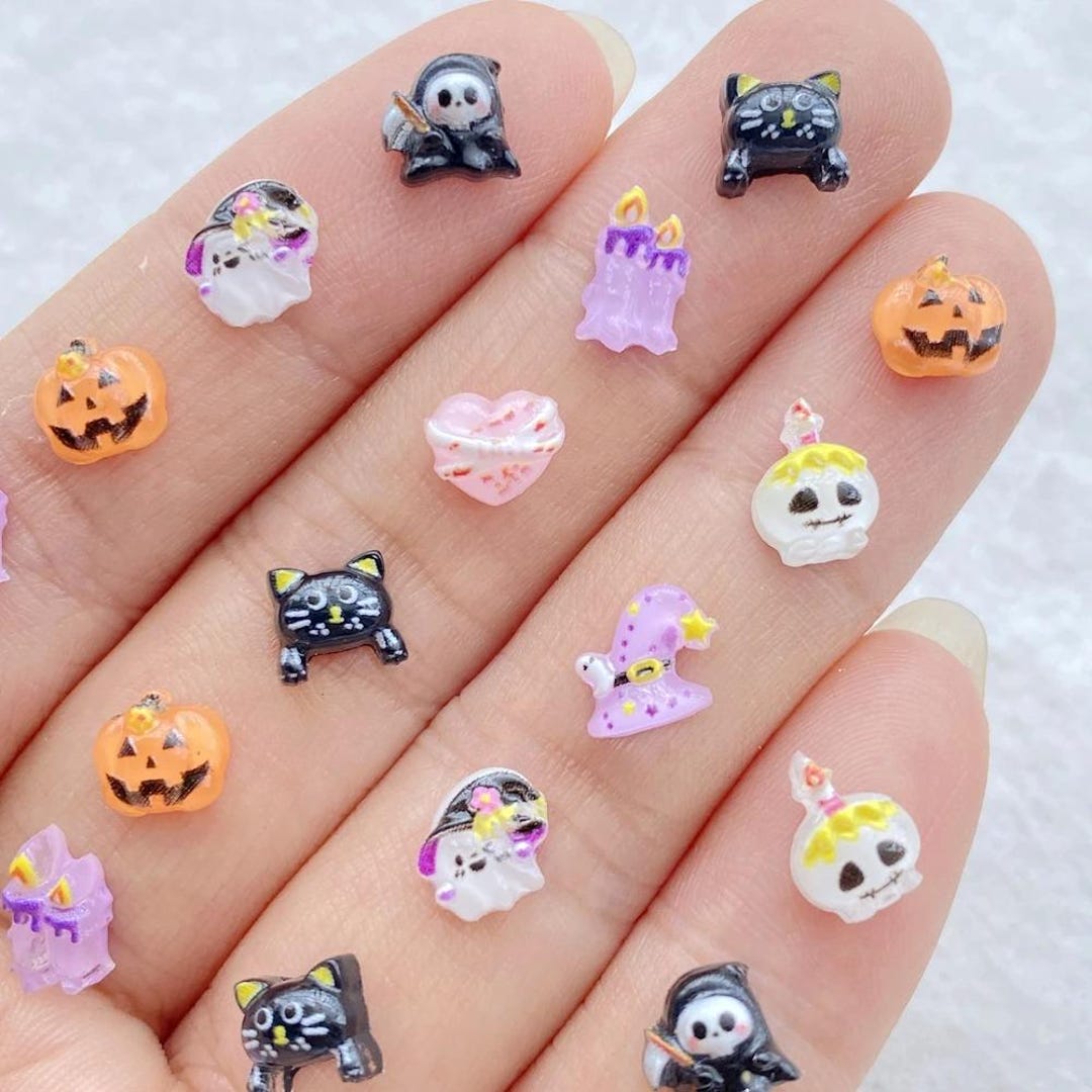 50 Pcs of Mini Halloween Cabochons – Cute Pumpkin, Cat, Ghost, Skull ...