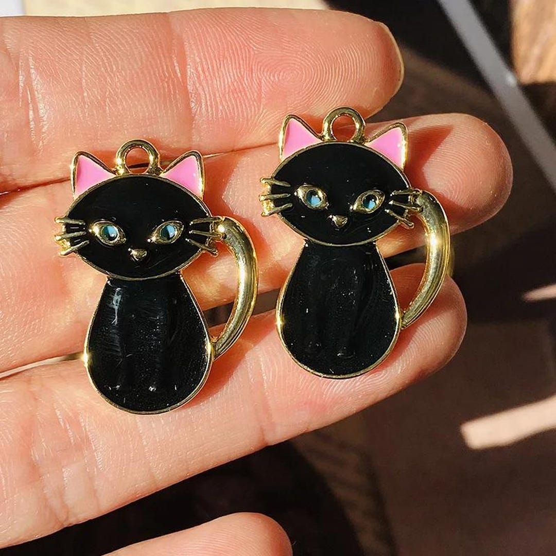 10 Pcs of Black Cat Charms With Pink Ears, Cute Enamel Kitty Pendant ...