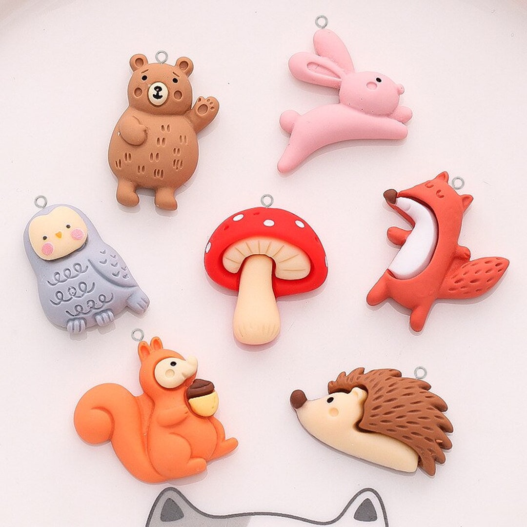 10 Pieces of Cute Resin Animals Owl Bear Squirrel Mushroom Fox Bunny ...