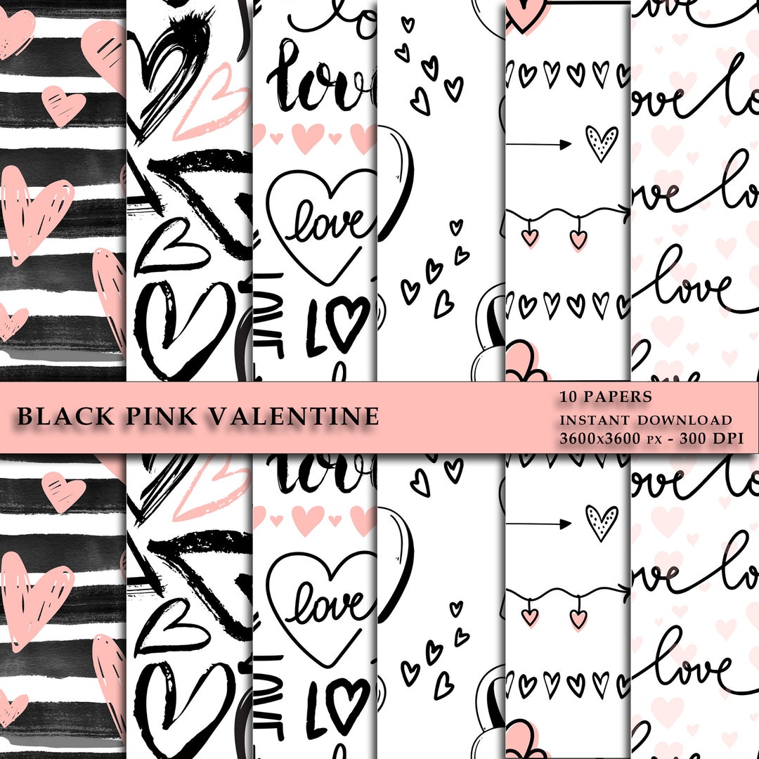 Romantic Elegance: Digital Paper Set 'black Pink Valentine' for ...