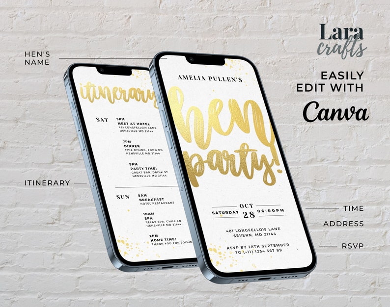Gold Foil Hen Do Party Invitation Template With Itinerary | Digital ...