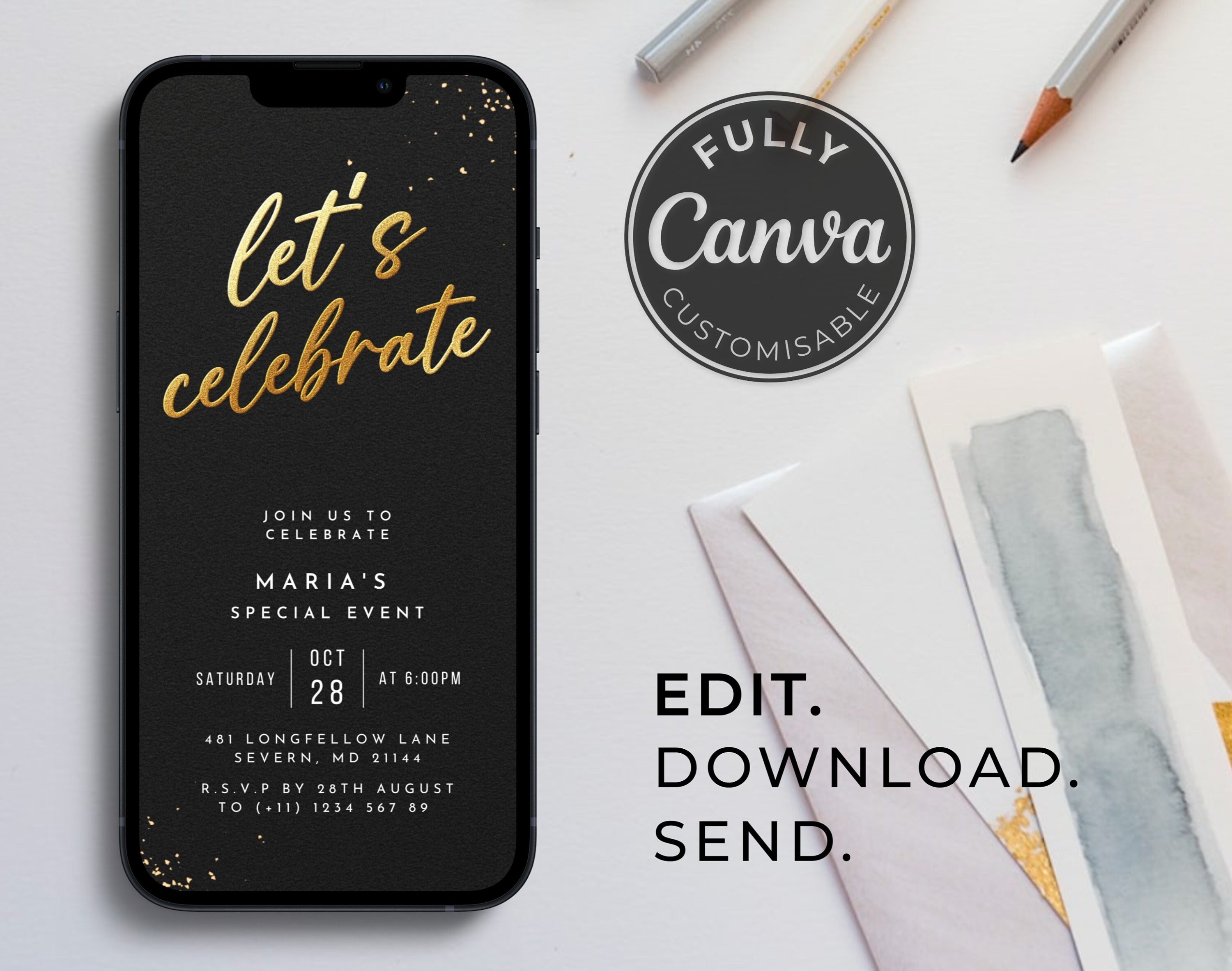 Black and Gold Party Invitation Template | Digital Party Invite | 'let ...