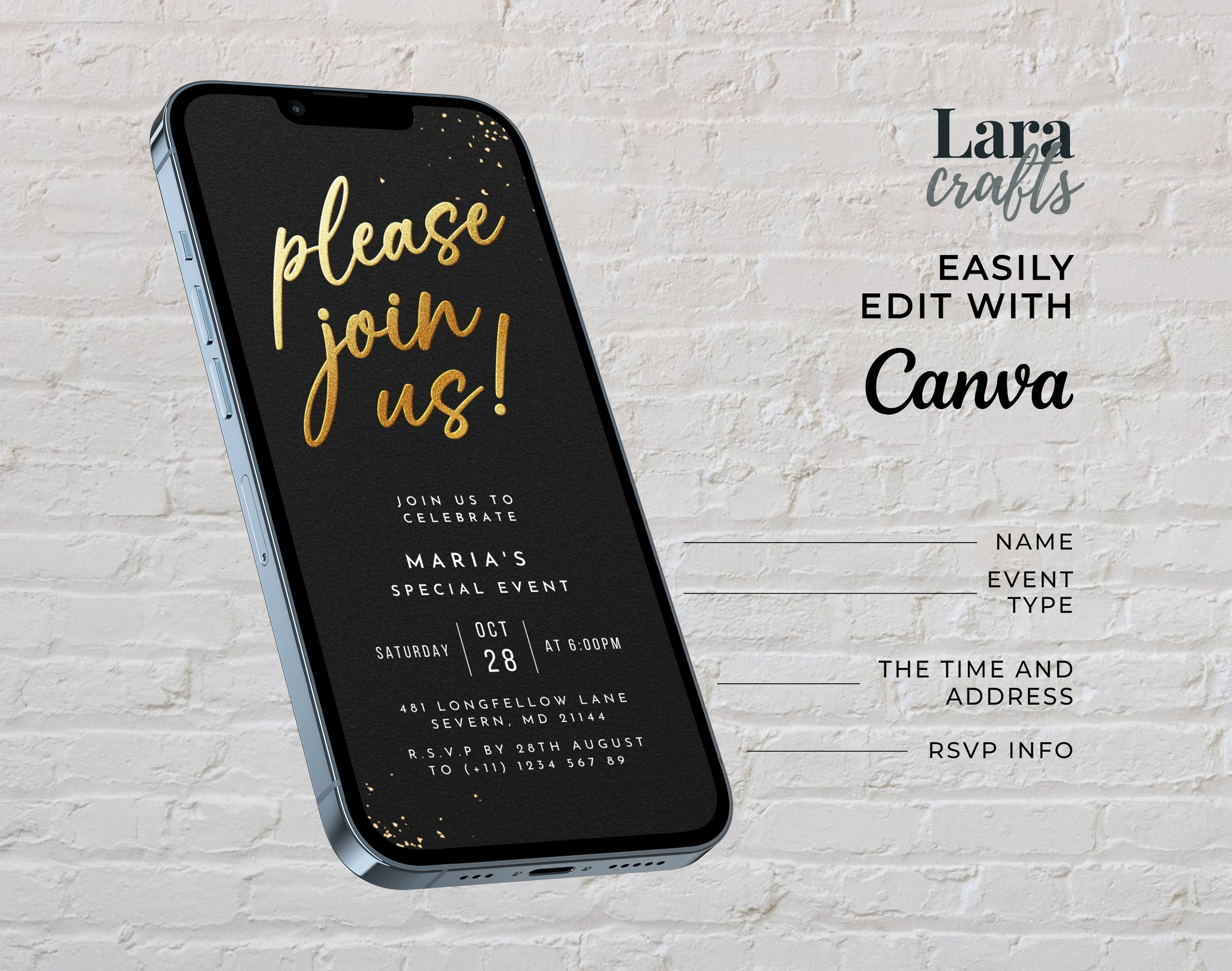 Black and Gold Party Invitation Template | Digital Party Invite ...