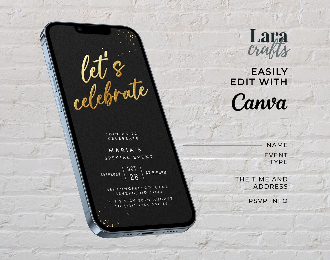 Black and Gold Party Invitation Template | Digital Party Invite | 'let ...