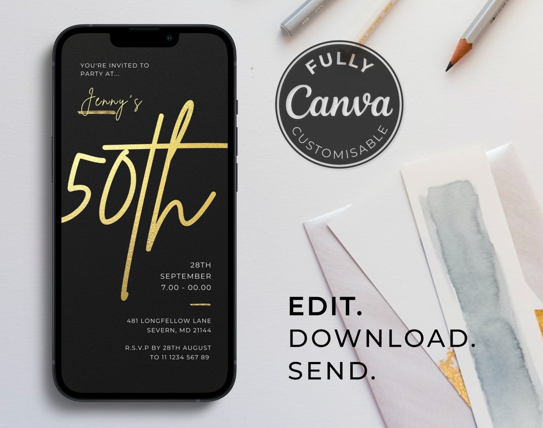 Black and Gold 50th Birthday Party Invitation Template | Modern | Bold ...