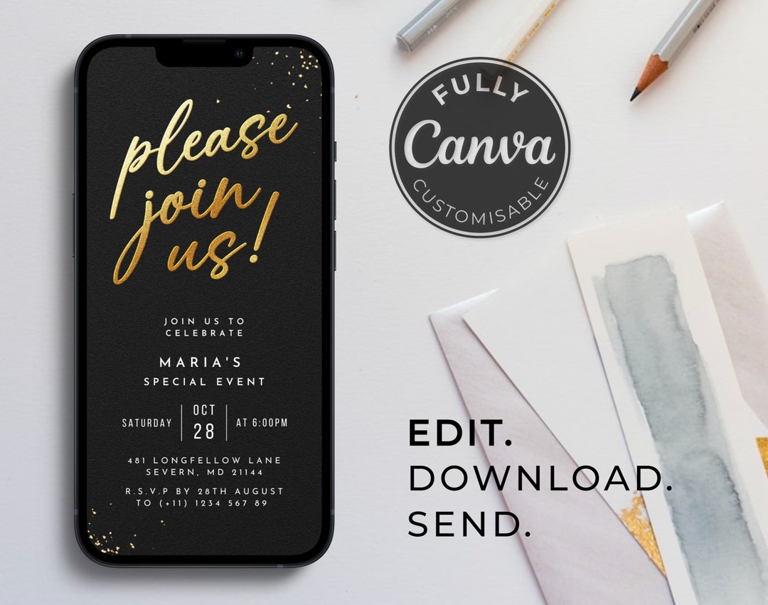 Black and Gold Party Invitation Template | Digital Party Invite ...