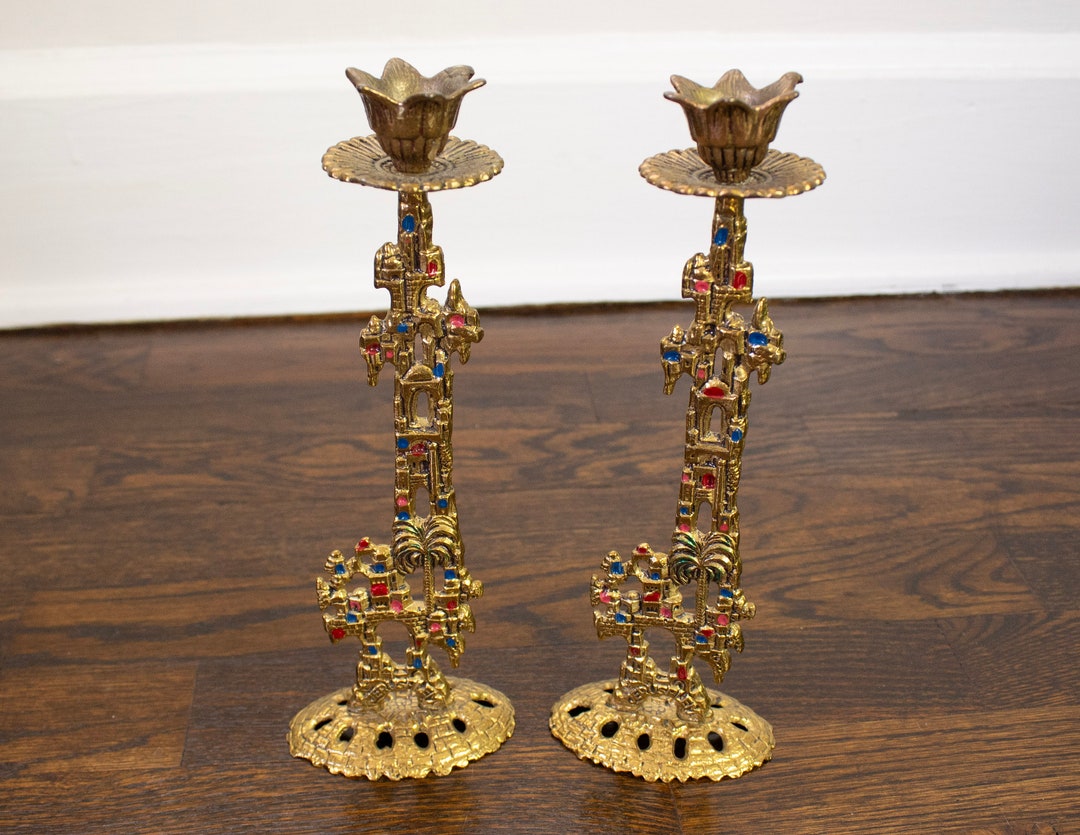 Rare Vintage Wainburg Brass Brutalist Jerusalem Pair of Candlestick ...