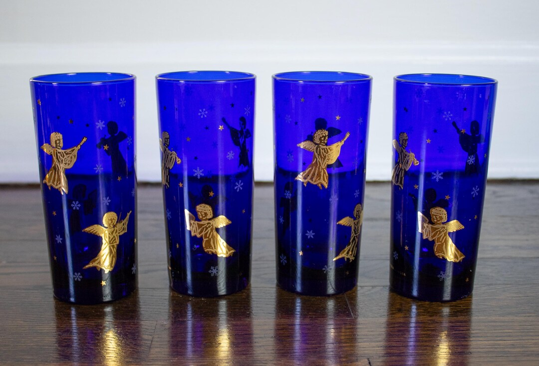 Vintage Culver Cobalt Blue Tumblers With 22 Karat Gold Musical Angels ...