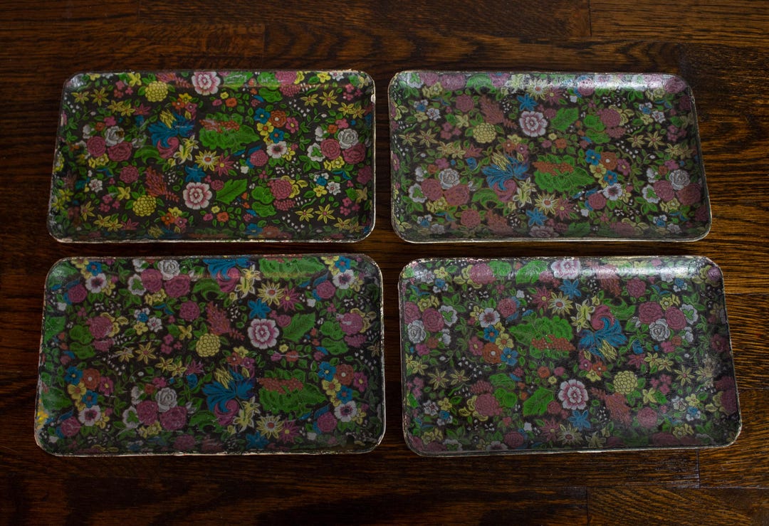 Vintage Dark Floral Aged Small Paper Mache Trays Set of 4 Viking Import ...
