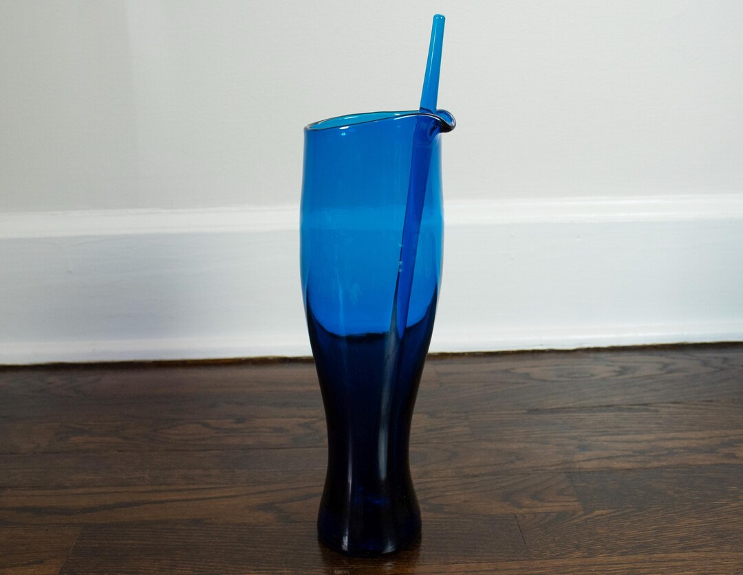 Vintage Mid-century Modern Blue Glass Cocktail Pitcher & Stir Stick - Etsy