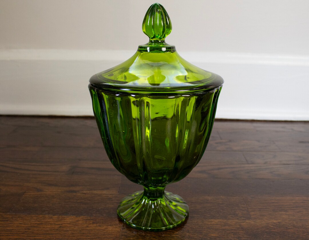 Vintage L.E. Smith Green Glass Lidded Candy Dish 10.5" - Etsy