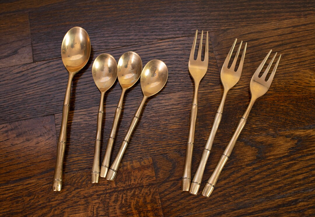Vintage Brass Bamboo Thai Flatware Teaspoons, Appetizer Forks, Dessert ...