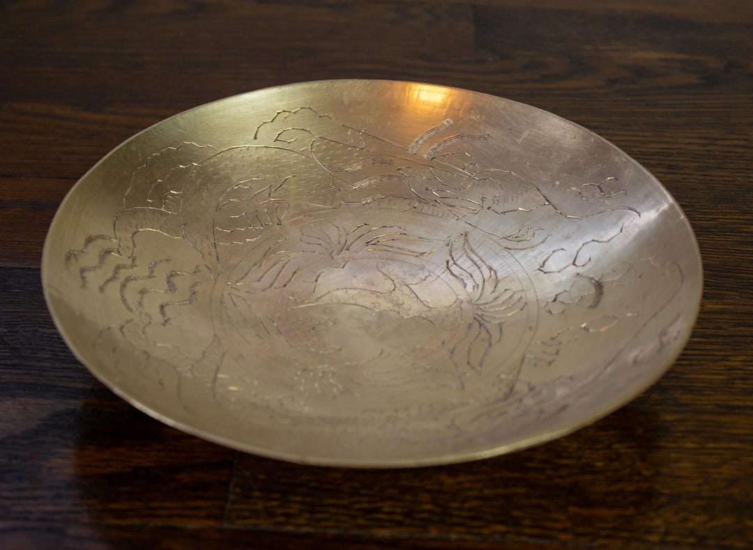 Vintage Antique Brass Etched Asian Bowl Dish With Dragons 8 - Etsy