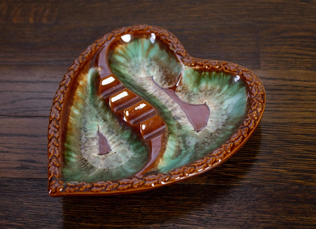 Vintage Ceramic Heart-shaped Ashtray With Brown & Blue Glaze Made in ...