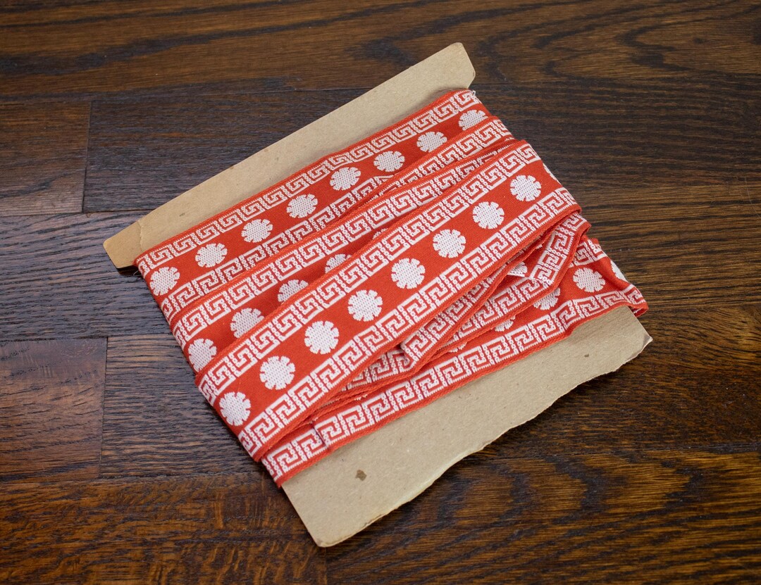 Vintage Jacquard Greek Key Red & White 1.5" Wide Trim Ribbon 4 Yards 30 ...